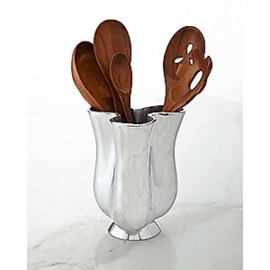 nambe Tulip Tool Jug with 5 Piece Kitchen Tool Set | Utensil Holder for Countertop with Assorted Kitchen Utensils | Made from Nambe Alloy and Acacia Wood