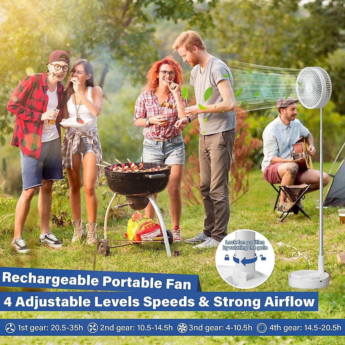 Portable Oscillating Standing Fan with Remote Light Timer, Rechargeable 7200mah Battery Operated Fan Personal Foldaway Fan Cordless Small Desk Floor Fan Pedestal Fans for Room Office Camping Travel
