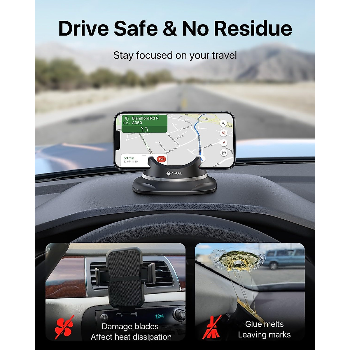 andobil Newest Car Phone Holder Mount, Stable & Silicone Phone Mount for Car, 360° Rotatable Dashboard Cell Phone Holder, Car Phone Stand Compatible with iPhone 15 Pro Max/14/13/12, Samsung S24/23/22