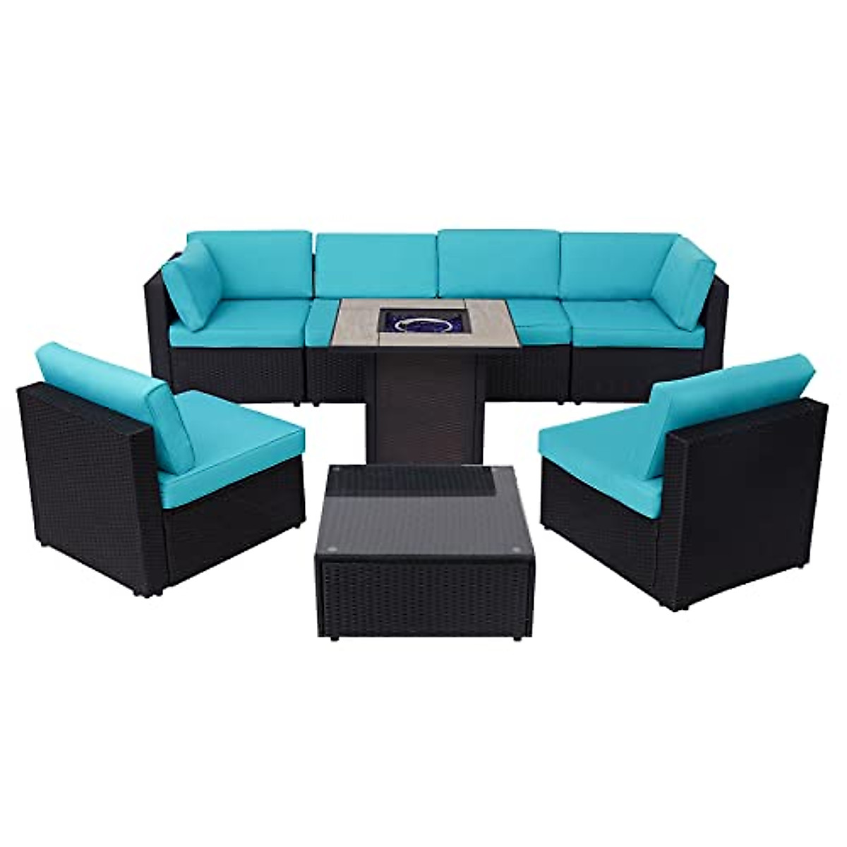 KINTNESS 8-Piece Patio Furniture Sectional Sofa Set w/ 50000 BTU Fire Pit Table, Wicker Rattan Outdoor Conversation Sets CSA Approved Propane Fire Pit (Blue)