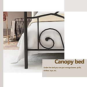 RYR Queen Size Canopy Bed Frame Four Poster Metal Platform Bed with Headboard Footboard, No Box Spring Needed Black