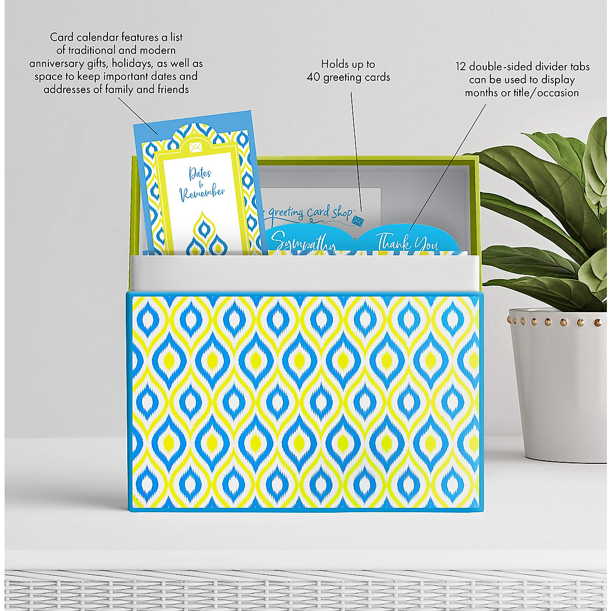 Designer Greetings Greeting Card Organizer Box with Dividers and Calendar, Peacock Design (Holds Up to 40 Greeting Cards, 5.5” x 7.25” or Smaller)
