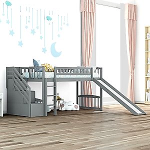 Harper & Bright Designs Loft Bed with Slide and Stairs Wood Twin Size Loft Bed Frame with Storage for Kids Boys Girls, Gray