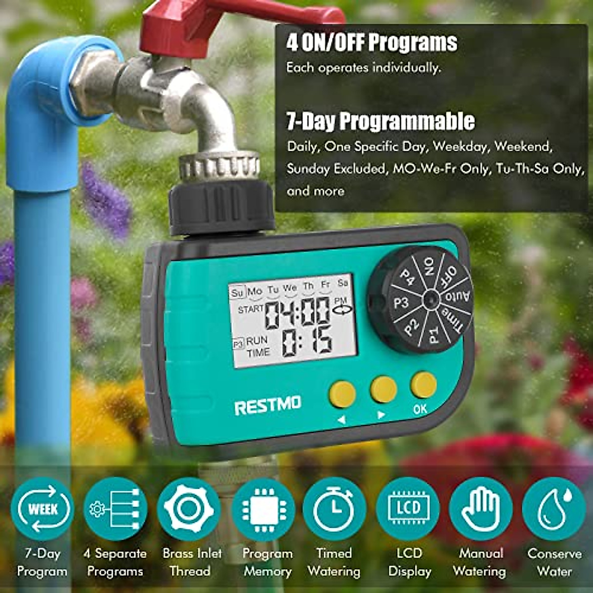 RESTMO Water Timer, 7 Day Programmable Sprinkler Timer, Digital Hose Timer with 4 Separate Program, Ideal for Garden Lawn & Outdoor Plant Watering and Drip Irrigation System, Automatic/Manual Control