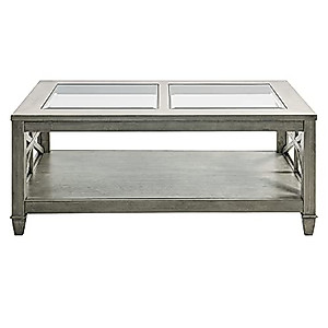 Solid Wood Coffee Table with Tempered Glass Top, Rectangular Living Room Table with 2-tire Storage Shelf, Industrial Centre Table, 45.5" X 26" Tabletop, Easy Assembly Antique Grey KFZ1318AN