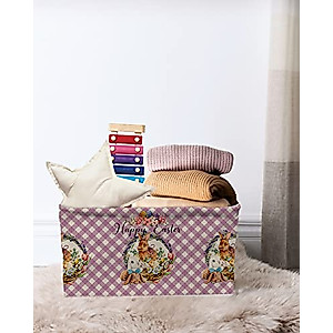 Happy Easter Storage Bins 2 Pack, Large Waterproof Storage Baskets for Shelves Closet, Purple Plaid Bunny Spring Floral Wreath Storage Basket Foldable Storage Box Cube Storage Organizer with Handles
