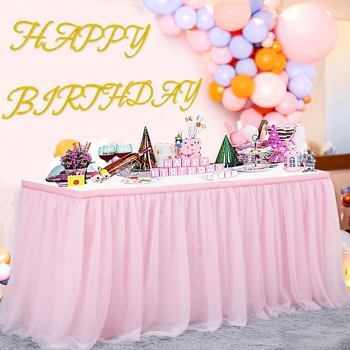 108in Baby Pink Tulle Table Skirts for Rectangle Tables 6ft 8ft 4ft, 2-Layer 9 ft Long Gold Grim Princess Pink Ruffle Tulle Tutu Table Skirt Cloth for Girl Birthday Baby Cake Dessert(No Table Cover)