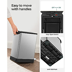 SONGMICS Bathroom Trash Can, 1.5 Gallon (5.7L) Garbage Can with 15 Trash Bags, Stainless Steel Step Bin, Removable Inner Bucket with a Metal Handle, Soft Closure, Silver and Black ULTB105E01