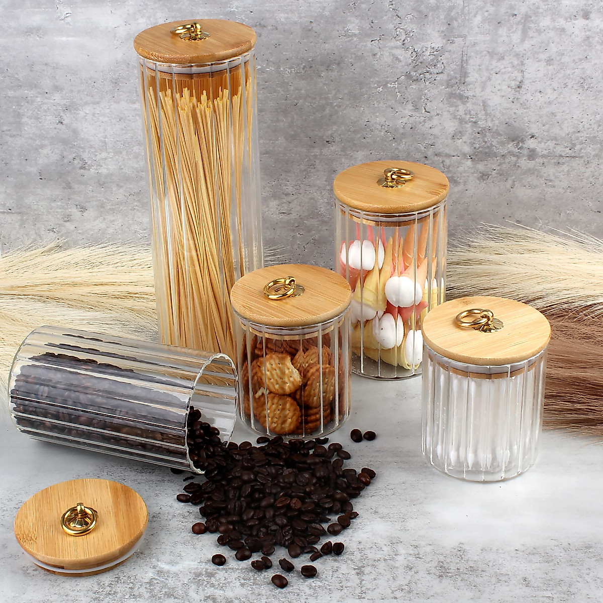 Glass Storage Jars Set of 5, Decorative Coffee Bar Container with Airtight Bamboo Lid Metal Ring for Home Kitchen Storing Candy, Cookie, Pasta, Nuts, Oatmeal and Bathroom Salt