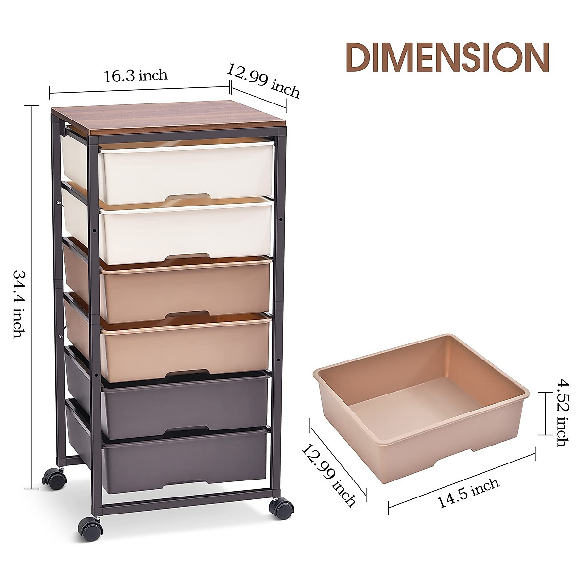TOOLF Rolling Storage Cart with 6 Drawers,Utility Cart with Drawers and Wooden Tabletop,Storage Dresser for Bedroom,Tall Nightstand for Dorm with Large Capacity,Brown