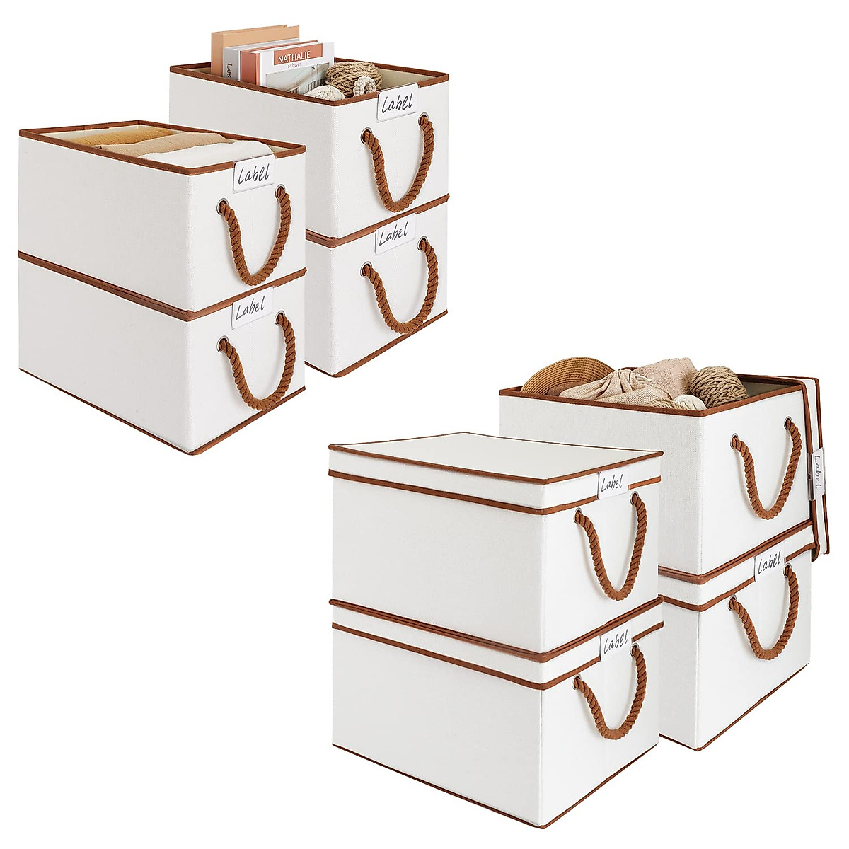 LoforHoney Home Bundle-Storage Bins with Lids Beige XLarge 4-Pack, Storage Bins with Cotton Rope Handles Beige Large 4-Pack