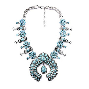 Lovage Bohemian Exaggerate Turquoise Flower Zinc Pendant Necklace Women Jewelry (Blue)