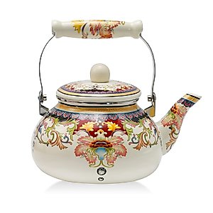 Saihisday 2.5L White Flowered Tea Kettle with Ceramic Handle, Floral Ceramic Enamel Teapot for Stovetop, No Whistle