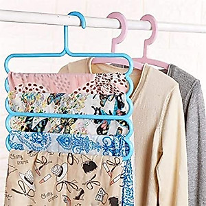 Creative Enterprises Multi-Purpose 5 Layers Trouser Hanger Set of 5, Magic Closet Hangers Space Saver Storage Plastic Hanger (Multi Colour-Pack of 5)