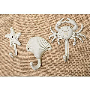 MY MIRONEY 3 Pieces Starfish Seashell Crab Coats Hooks White Beach Ocean Theme Towels Key Hooks Cast Iron Decorative Wall Hooks with Screws