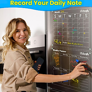 Magnetic Acrylic Calendar for Fridge - 2 pcs Clear Dry Erase Calendar for Weekly & Monthly Planning with 8 Colours Markers, Dry Erase Board with Magnetic Holder and Eraser (16"x12")