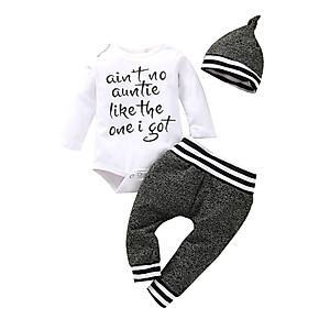Aint No Auntie Like The One I Get Baby Boy Clothes Auntie Saying Letter Print Long Sleeve Romper Pants Hats (White, 3-6 Months)