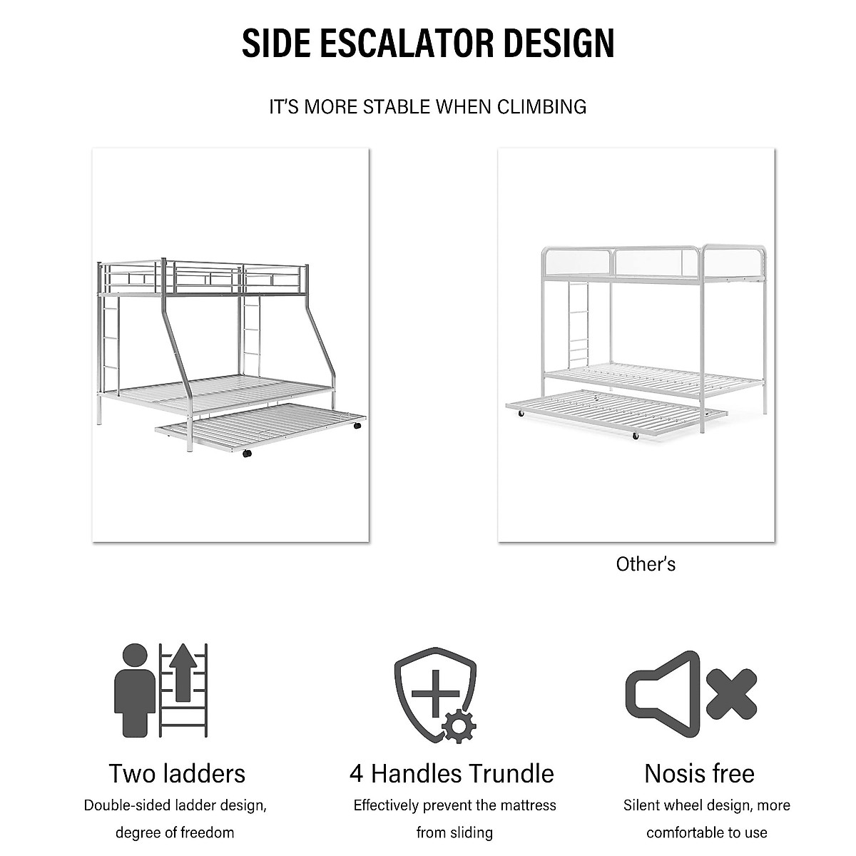 Merax Twin Over Full Bunk Bed with Trundle, 3 in 1 Triple Bunk Beds, Sturdy Steel Bunk Beds Frame for 3 Kids/Teens with Two Side Ladders and Safety Guard Rail,Silver Color