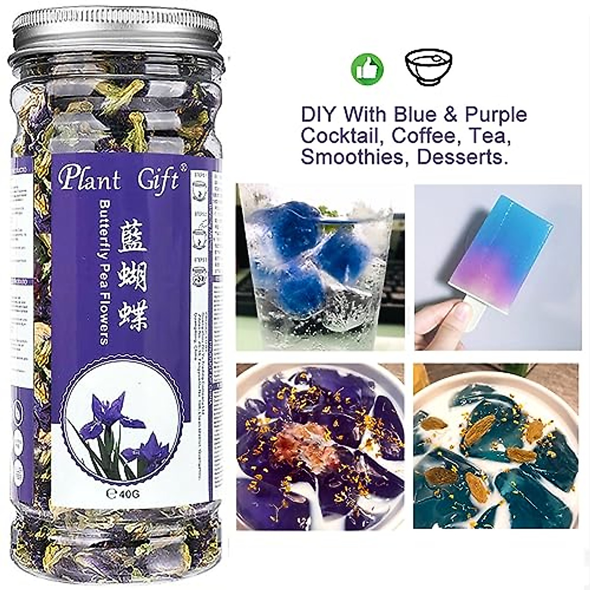 Plant Gift 135 Cups Pure Dried Butterfly Pea Flowers Blue Tea 40G/1.41oz Clitoria Ternatea Flower Herbal Tea, Caffeine Free, Loose Leaf, 100% Natural Herbal Tea