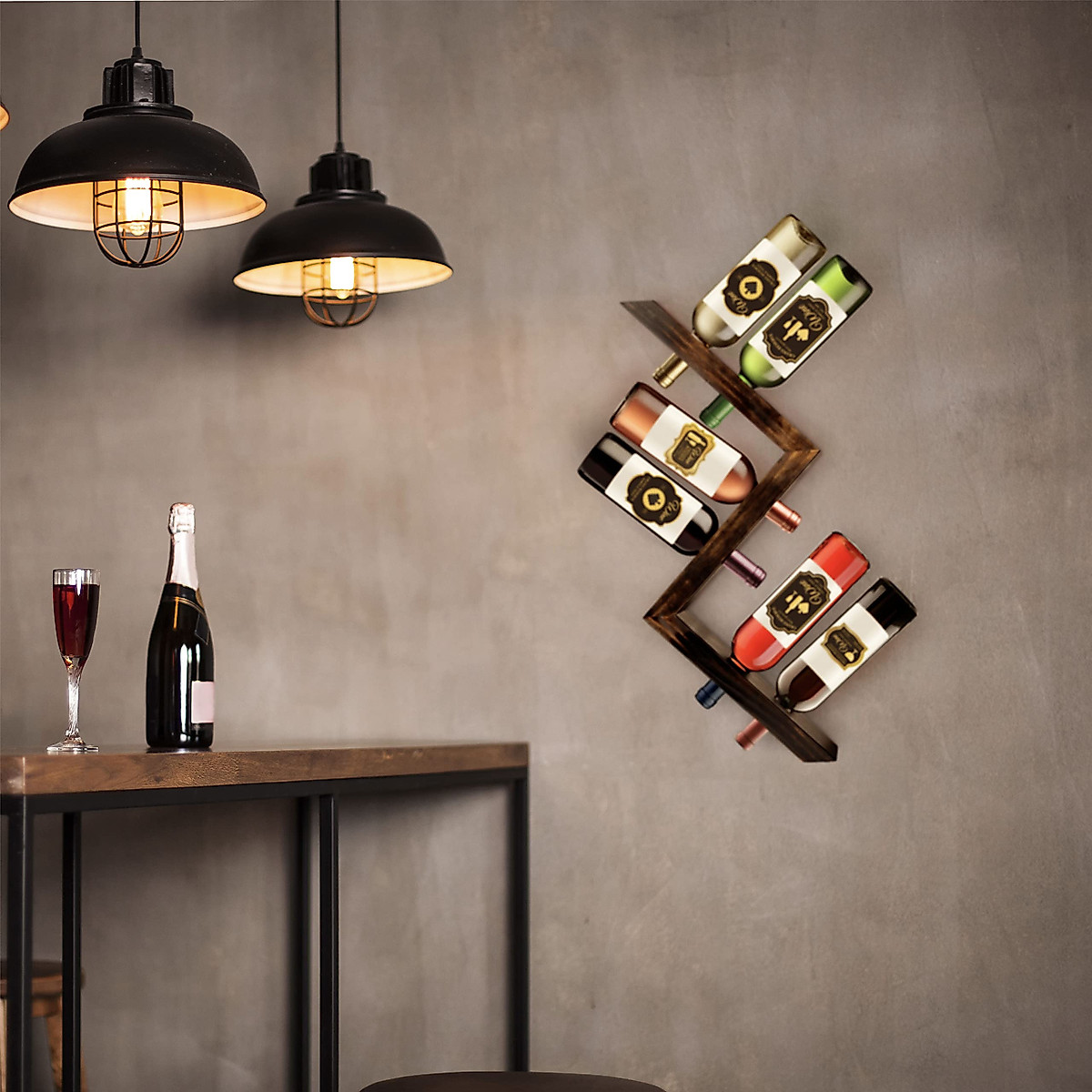 Charmont Wooden Wall Mounted Wine Rack -Rustic Zig Zag Floating Shelves Wine Bottle Holder for Bar, Kitchen Storage, Dining Room, Wedding Gift, Wall Home Décor; 6 Bottles (Dark Walnut)