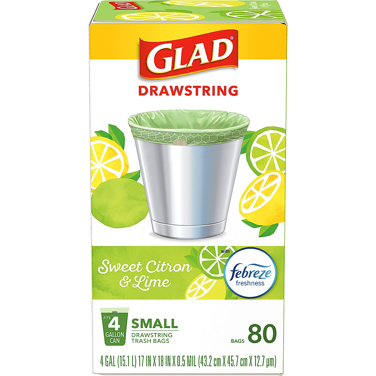 Glad Small Kitchen Drawstring Trash Bags – 4 Gallon Green Trash Bag Febreze , Sweet Citron & Lime, 80 Count (Package May Vary)