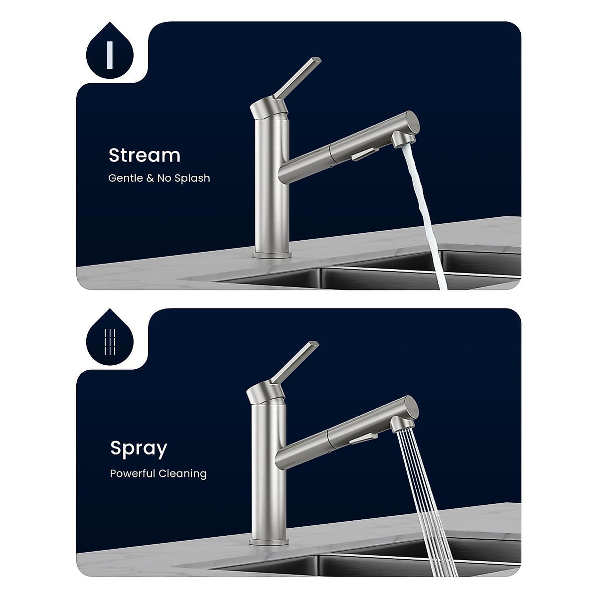 DAYONE Modern Bar Kitchen Faucet with Pull-out Sprayer Brushed Nickel, RV Single Handle Kitchen Sink Faucets Low Arc Stainless Steel, with Deck Plate for 1 3 Holes Sink Install 2 Modes and 360° Swivel