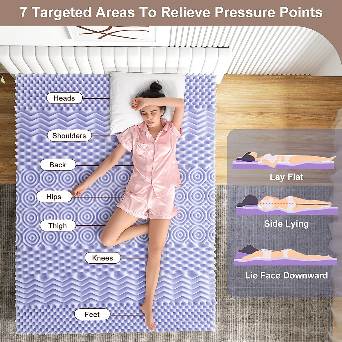 UniPon 4 Inch Egg Crate Memory Foam Mattress Topper, Lavender Infused Medium Firm Mattress Topper, 7 Zones Memory Foam Bed Topper, CertiPUR-US Certified (Queen)