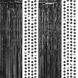 6 pcs Black Fringe Curtains Party Decorations with Garlands Streamers Photobooth Props Party Backdrop Background for Wedding Halloween Birthday Bridal Shower Bachelor Party Supplies 
