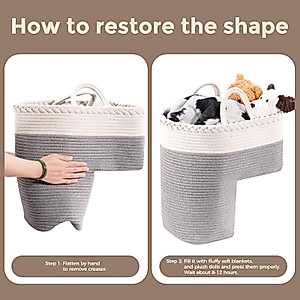 Puricon Stair Basket, Cotton Rope Staircase Basket for Carpeted and Wooden Stairs, Foldable Stair Step Storage Basket Collapsible Stair Organizer with Handle -Greywhite
