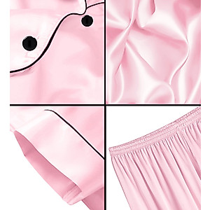SWOMOG Silk Satin Pajama Set for Plus Size Women Button-Down Loose Bride Pajamas Pink Sleepwear and Loungewear Set 24W
