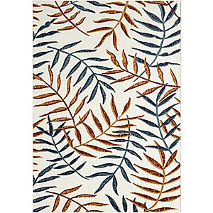 Abani Modern Cream, Red & Blue 5'3" x 7'6" (5x8) Leaf Print Area Rug Rugs - Non-Shedding Indoor/Outdoor Nature Design Bedroom Rug