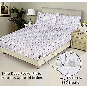 RUVANTI Flannel Sheets King Size - 100% Cotton Brushed Flannel Bed Sheet Sets - Deep Pockets 16 Inches (fits up to 18") - All Seasons Breathable & Super Soft - Warm & Cozy - 4 Pcs - Brown Deer