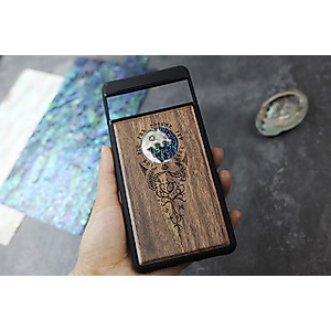 Carveit Hand-inlaid Wooden Case for Google Pixel 7 Pro, (Yinyang Wolf Engraved on Walnut) Compatible with QI Wireless Charging
