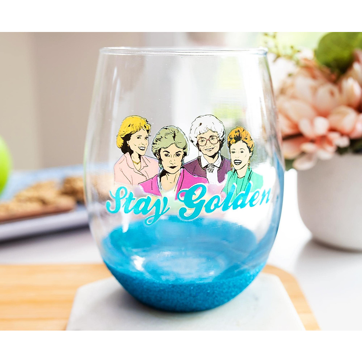 The Golden Girls "Stay Golden" Glitter Teardrop Stemless Wine Glass | Tumbler Cup For Mimosas, Cocktails | Holds 20 Ounces