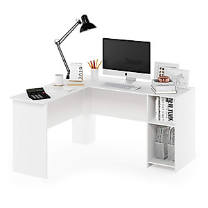 Furinno Indo L-Shaped Computer Desk with Bookshelf, White