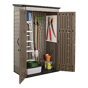 Rubbermaid Vertical Resin Outdoor Storage Shed, With Floor (4 x 2.5 Ft), Weather Resistant, Brown, Organization for Home/Backyard/Garden Tools/Porch/Patio Cushions/Pool Chemicals/Toys