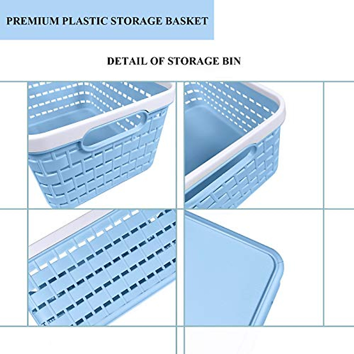 5Pack Plastic Storage Basket Blue, Desktop Weave Baskets with Handle, Portable Bathroom Open Storage Bin, Small Plastic Containers Shelf Brackets for Shelves Countertop Kitchen Cabinet Office