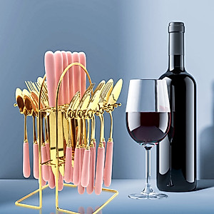 Gold Silverware Set, Caliamary 24 Pieces Flatware Set with Silverware Holder, Stainless Steel Knives and Forks and Spoons Cutlery Set Service for 6, Kitchen Utensil Tableware Set with Pink Handle