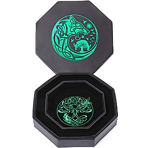 DND Dice Tray - Premium 8 Inch Tray for Dungeons and Dragons: Exquisitely Detailed Green World Tree & Wolf Raven Design - Perfect Rolling & Box Storage to Protect Your Dice for D&D and RPG