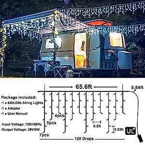 Christmas Icicle Lights Outdoor - 66ft 640 LED 8 Modes Connectable Curtain Fairy String Lights with Timer Memory, Plug in Waterproof for Home Decoration Holiday Eaves Yard Party Indoor (Cool White)