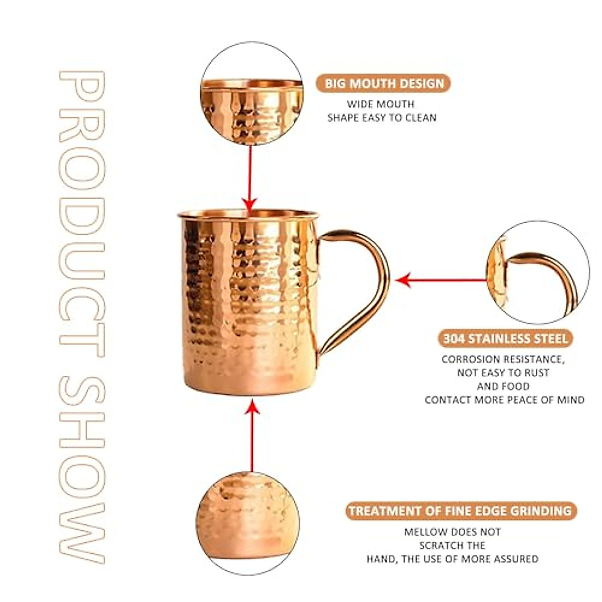 100% Copper Mug for Moscow Mule - 12oz Hammered Pure Copper Thick Straight Wall