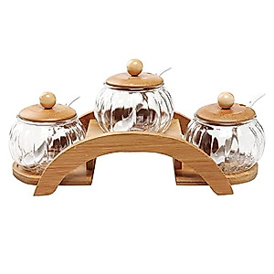 MyGift Clear Glass Spice Jars Condiment Pot with Bamboo Lids, Ceramic Spoons and Tiered Serving Tray, 10 Piece Set