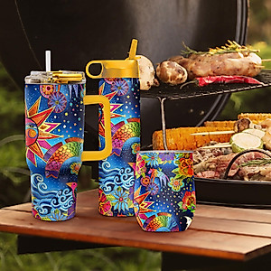 RainCaper 18/8 Stainless Steel Insulated Water Tumbler with Straw | 24oz, BPA-Free, Double Wall for Hot & Cold | Travel-Friendly, Cup Holder Ready (Laurel Burch Celestial Magic)