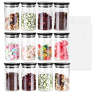 Crutello 12 Pack 8.5 Oz Spice Jars with Black Bamboo Lids for your Pantry, Dishwasher Safe Jars with Black Lids and Labels for Spices, Honey, Beans, Rice, Nuts