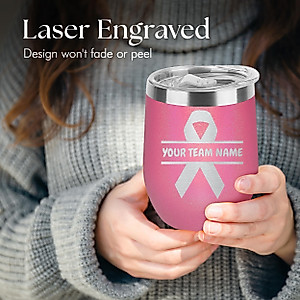 Personalized Custom Breast Cancer Ribbon Your Name Engraved Insulated Stainless Steel Wine Tumbler with Lid 12 oz. Gift for Her (Sparkly Pink)