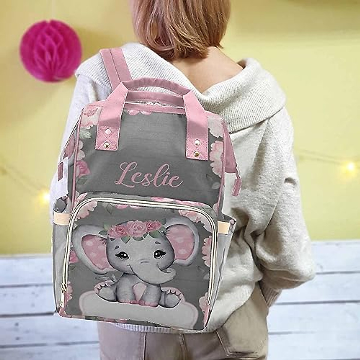 Newcos Personalized Baby Elephant with Blooming Rose Flowers Diaper Bag Nursing Baby Bags Nappy Bag Casual Travel Daypack for Mom Gifts