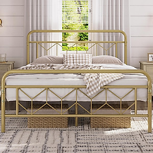 Topeakmart Queen Bed Frames Metal Platform Bed with Vintage Style Headboard/Mattress Foundation/No Box Spring Needed/Under Bed Storage/Strong Slat Support Antique Gold Queen Bed