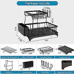Dish Drying Rack Large Dish Rack, 2 Tier Dish Racks for Kitchen Counter, Extra Roll-Up Kitchen Sink Drying Rack, Rustproof Stainless Steel Dish Drainer with Drainboard Set Utensil Holder Cup Rack