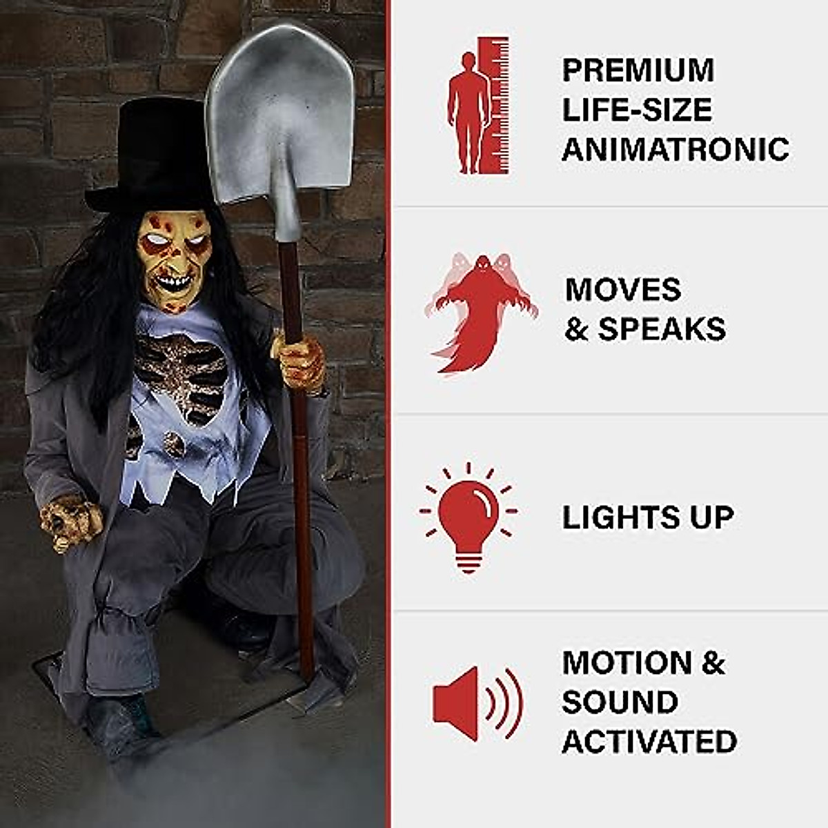 Haunted Hill Farm Motion-Activated Crouching Grave Digger by Tekky, Talking Scare Prop Animatronic for Indoor or Covered Outdoor Creepy Halloween Decoration, Plug-in or Battery Operated