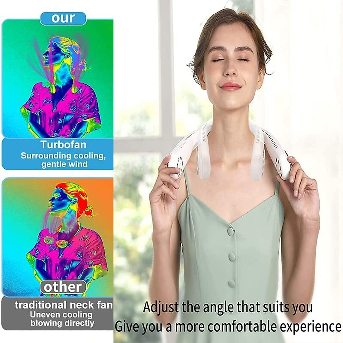 WWMMJA Portable Neck Fan,Hands Free Bladeless Fan, 360° Cooling Personal Wearable Fan 3 Speeds 4000mAh Rechargeable Battery Operated, No Hair Twisting, Headphone Design Neck Fan for Women Men (White)